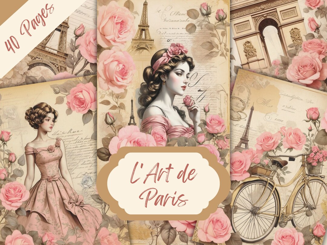 Romantic Parisian Collage Papers Bundle: Vintage Roses, Eiffel Tower ...