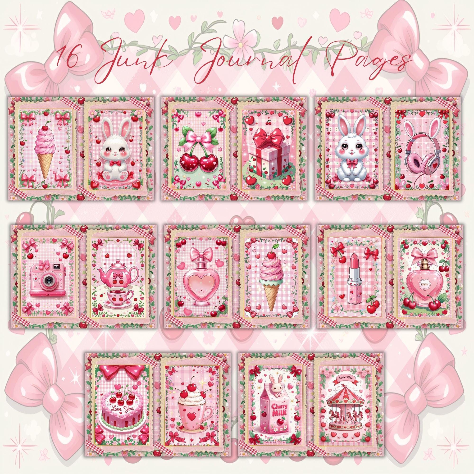 Cherry Kawaii Junk Journal Kit: Pink Y2K Scrapbook Papers (digital ...