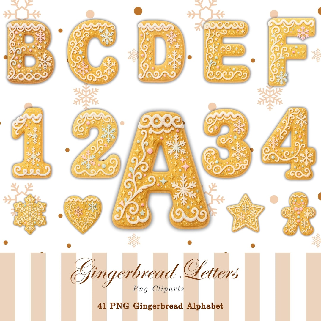 Gingerbread Alphabet Clipart, Christmas Cookie Letters (PNG) - Etsy