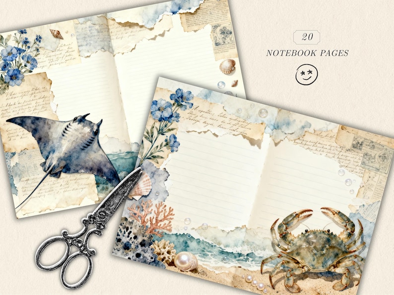 Ocean Junk Journal Pages, Printable Lined Notebook Paper, Vintage ...
