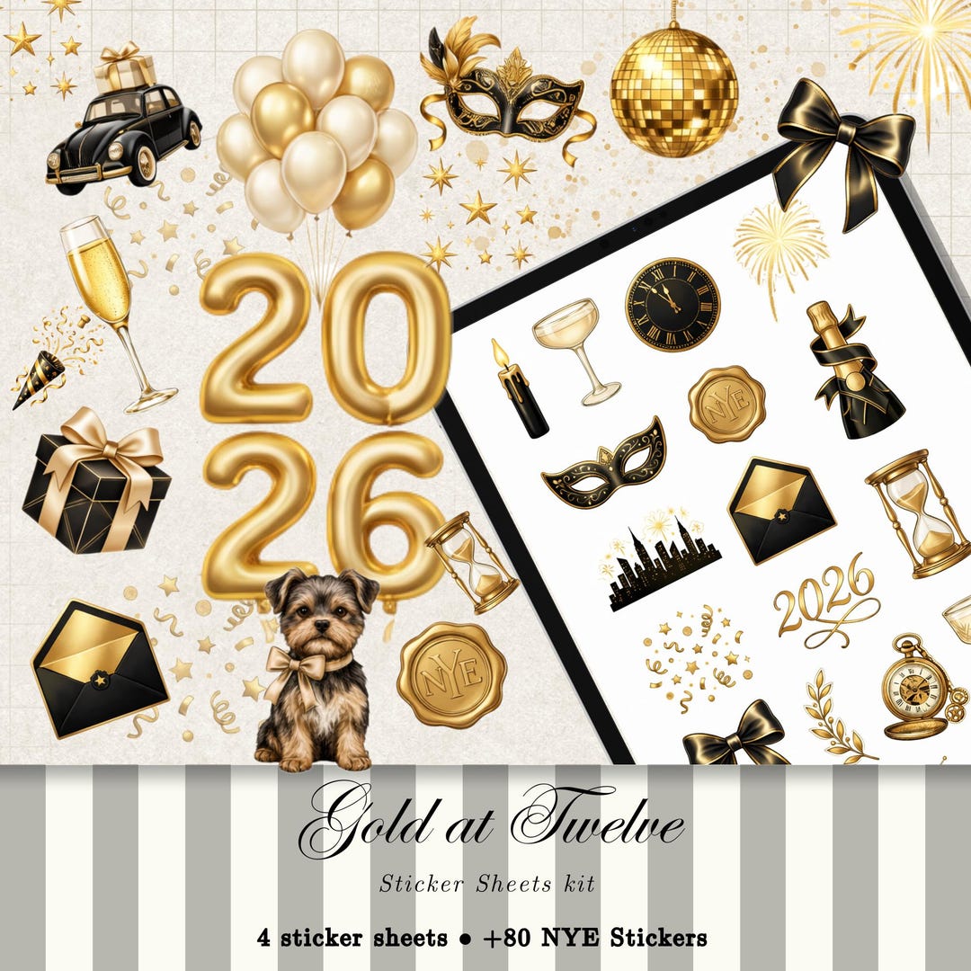 2026 New Year’s Eve Sticker Sheets Kit | NYE Stickers PNG | Black ...