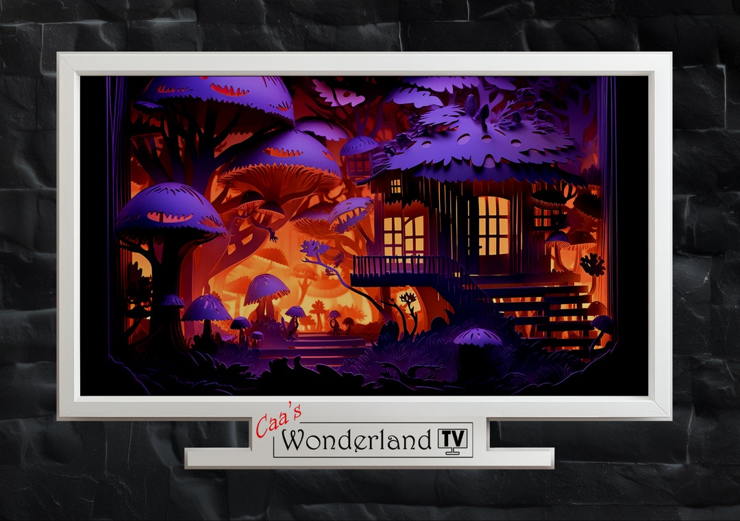 Mushroom Town Samsung the Frame TV Art, Papercut Lightbox Style, 3D ...