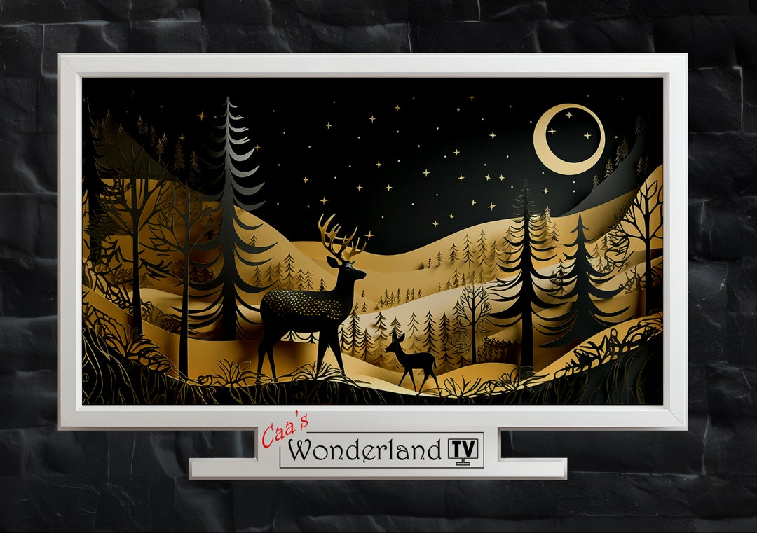Gold Deer Forest Samsung the Frame TV Art, Papercut Lightbox Style, 3D ...