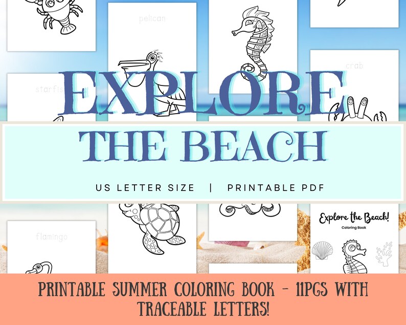 Summer Coloring Book Pages, Beach Coloring, Traceable Letters Writing ...
