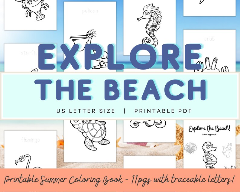 Summer Coloring Book Pages Beach Coloring Traceable Letters - Etsy