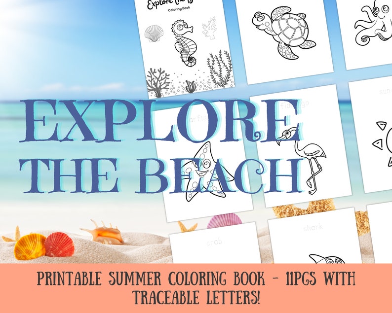 Summer Coloring Book Pages, Beach Coloring, Traceable Letters Writing ...