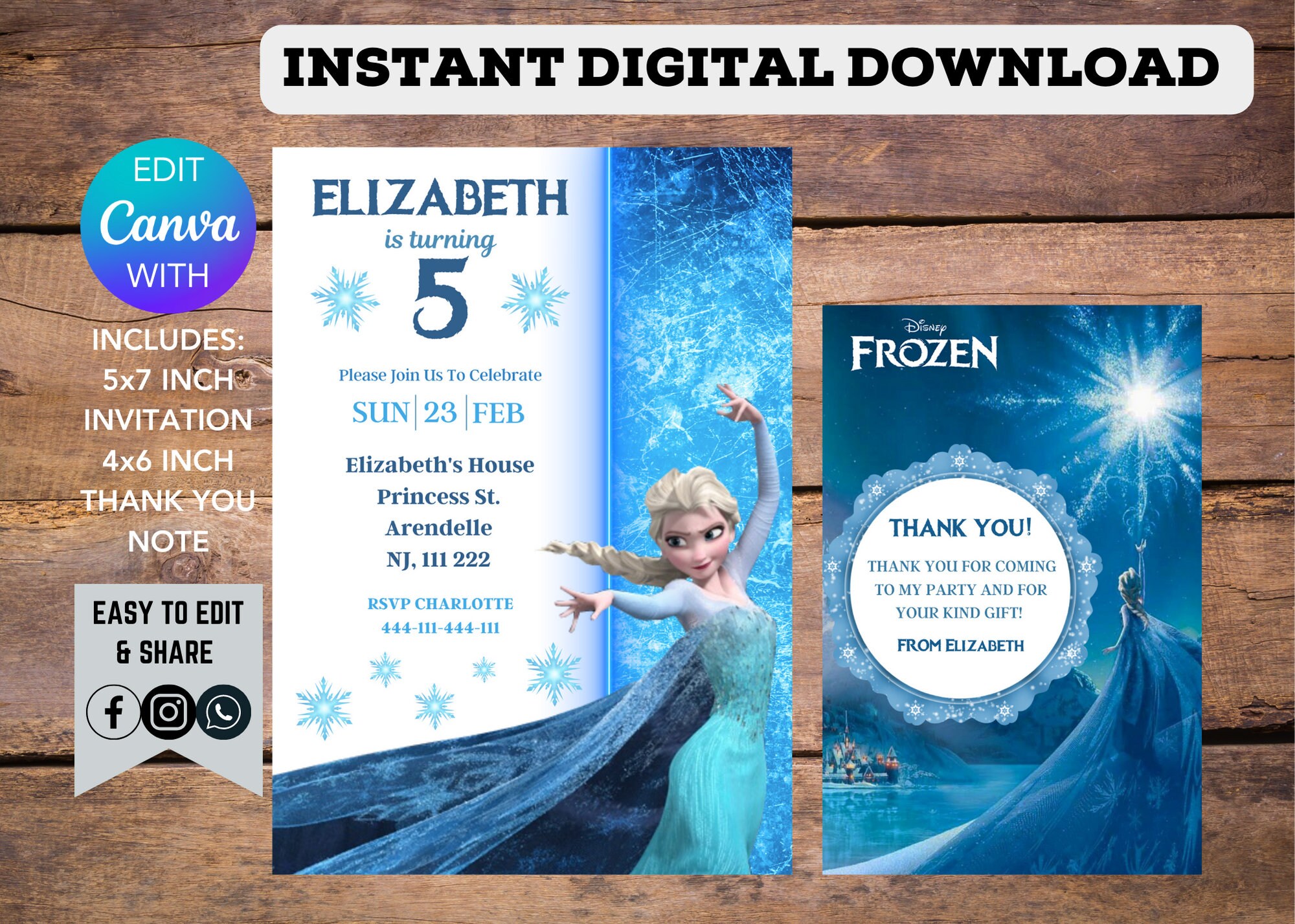 Frozen Elsa Kids Birthday Printable Editable Customisable Digital ...
