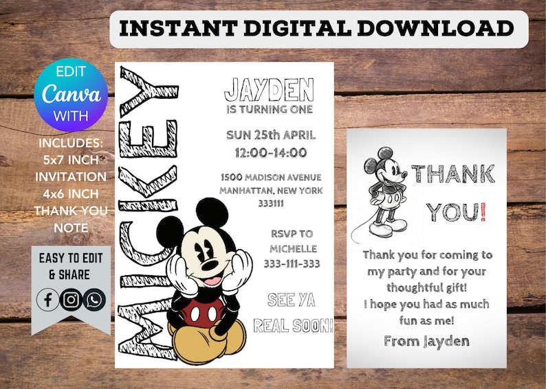 Mickey Mouse Editable Printable Customisable Birthday Invitation Template - Etsy