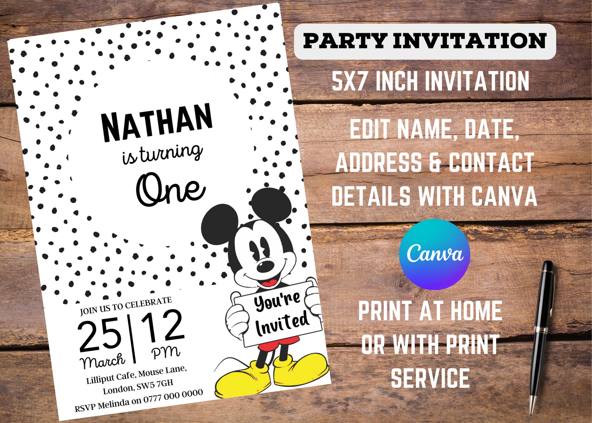 Mickey Mouse Dot Editable Printable Customisable Birthday Invitation ...