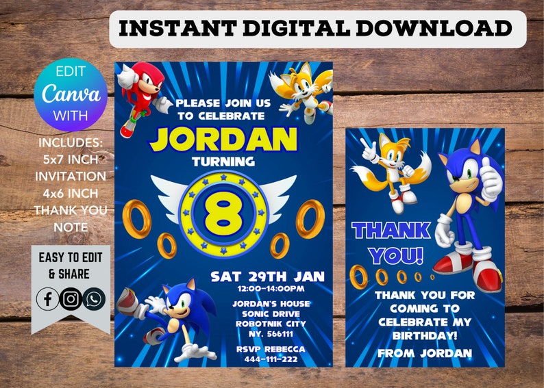 Sonic the Hedgehog Birthday Invitation Editable Template - Etsy