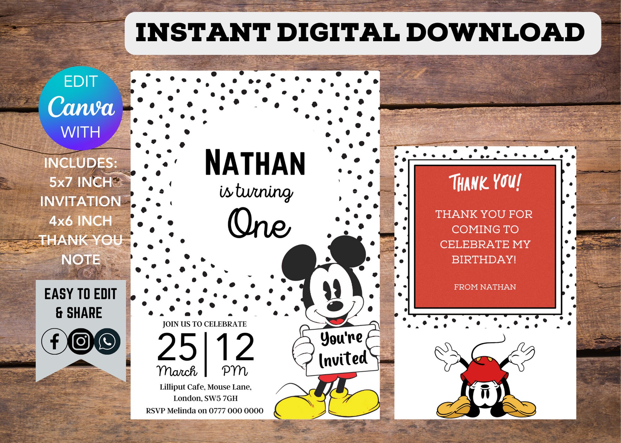 Mickey Mouse Dot Editable Printable Customisable Birthday Invitation ...
