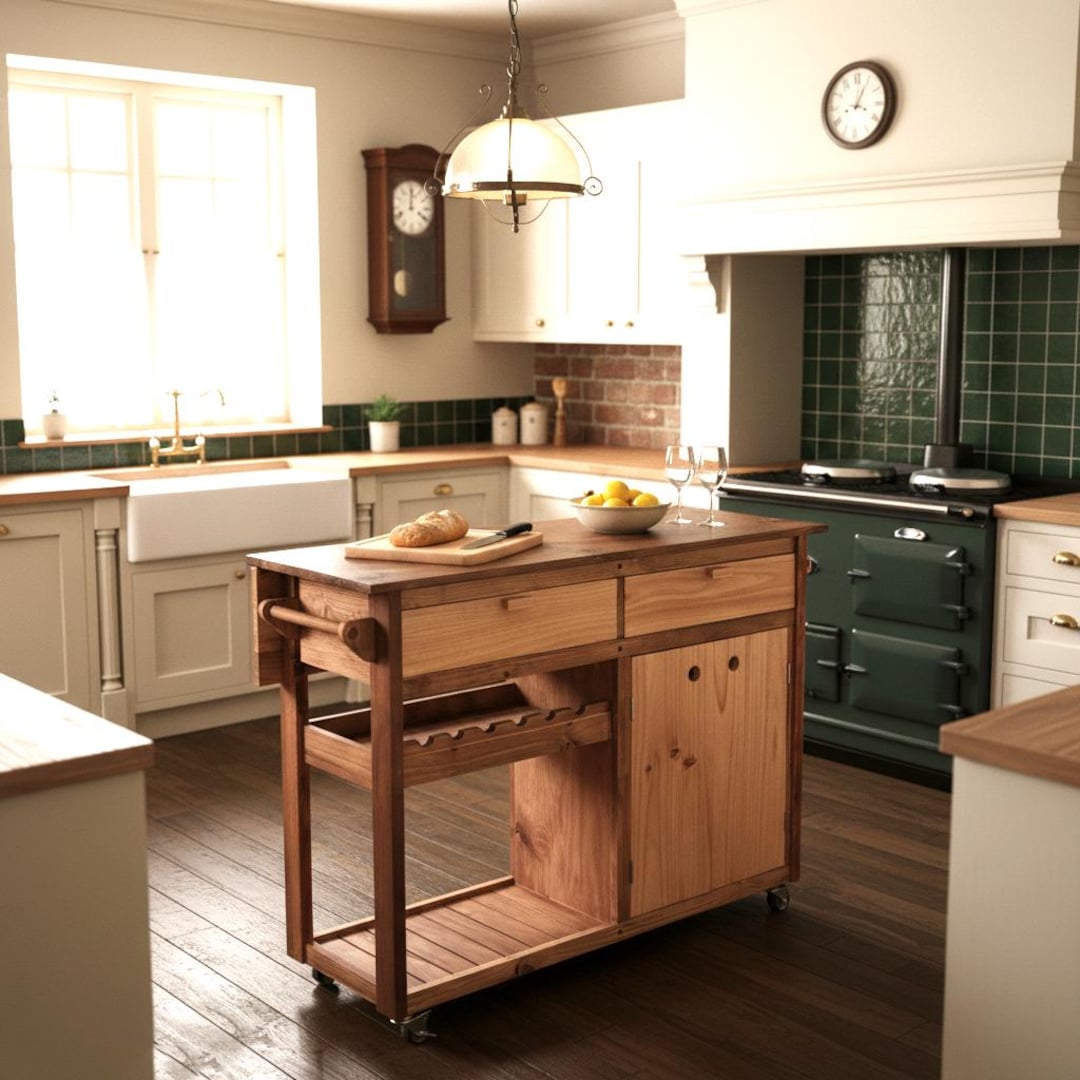 Portable Pine Wood Kitchen Island – Rustic Cart - Etsy