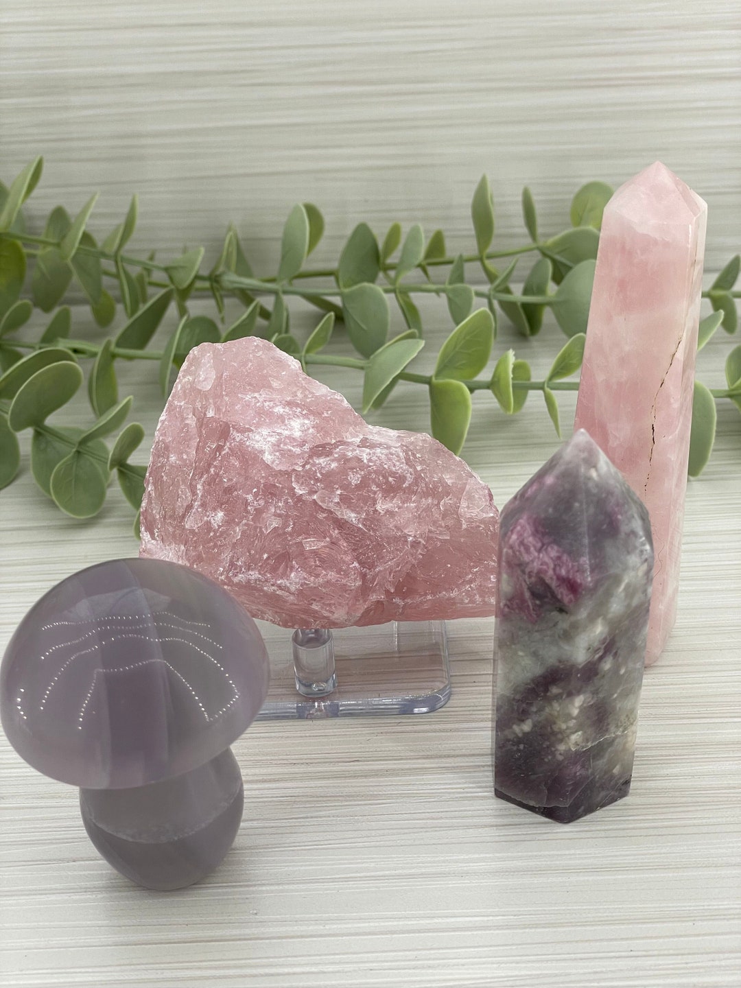 Set of 4 Crystals: Raw & Polished Rose Quartz, Purple Fluorite, and ...