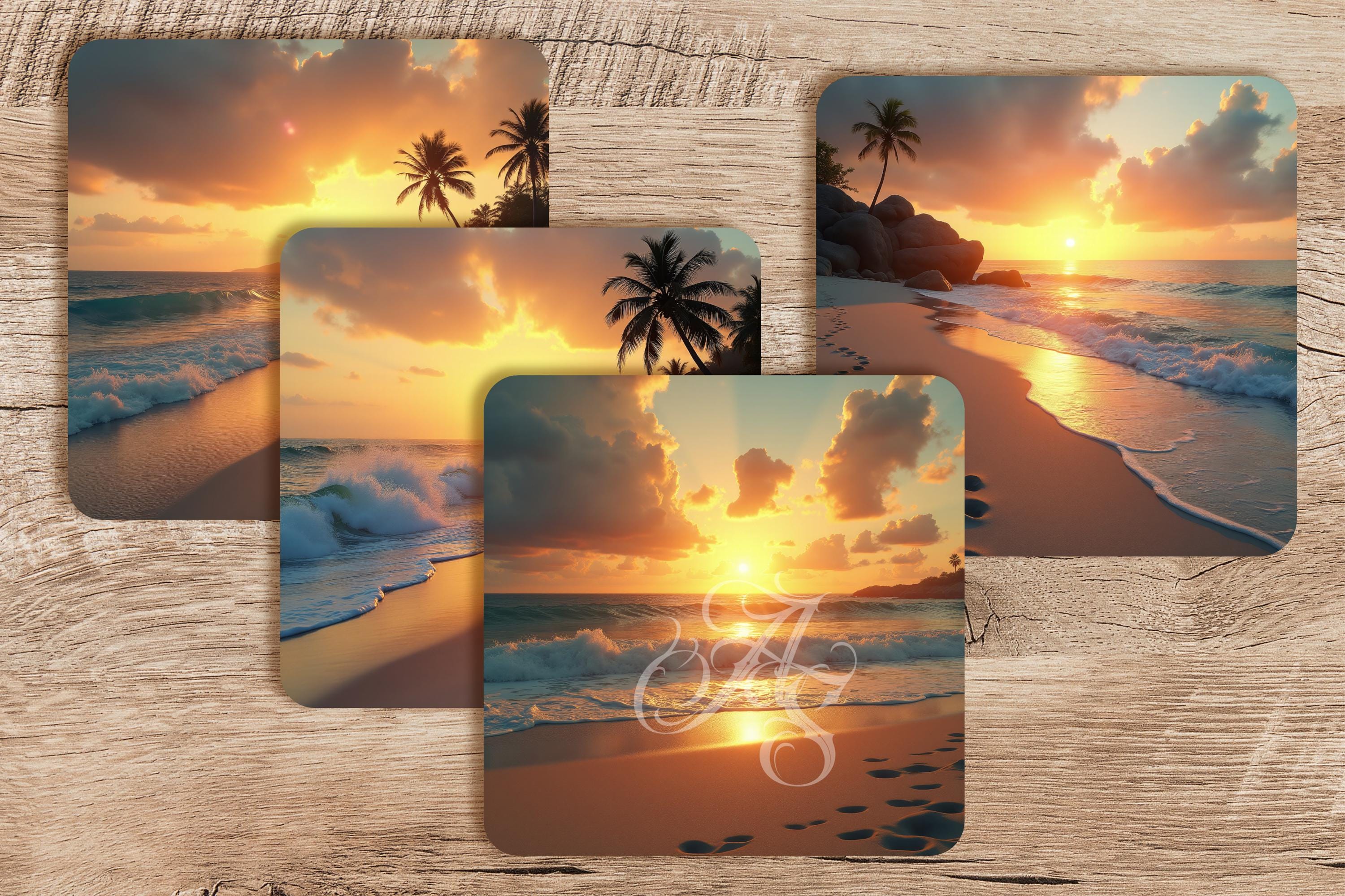 Tropical Beach Sunset Coaster Set PNG, Nautical Coastal Coasters, Ocean ...