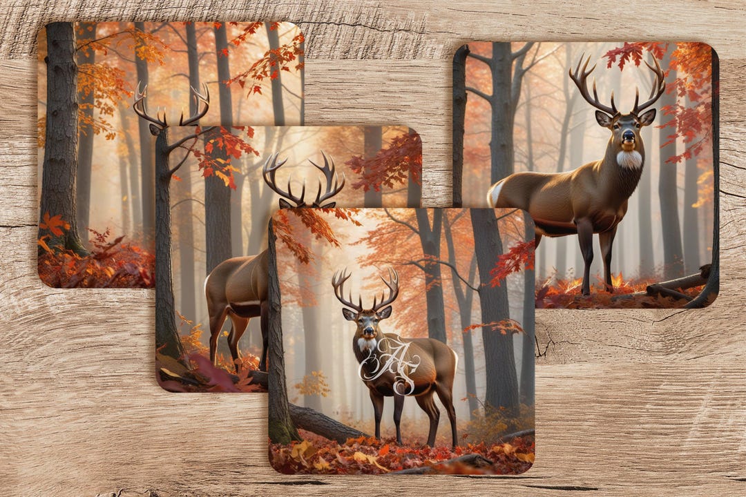 Autumn Buck Coaster Set PNG - Hyper-realistic Fall Leaves Wildlife ...