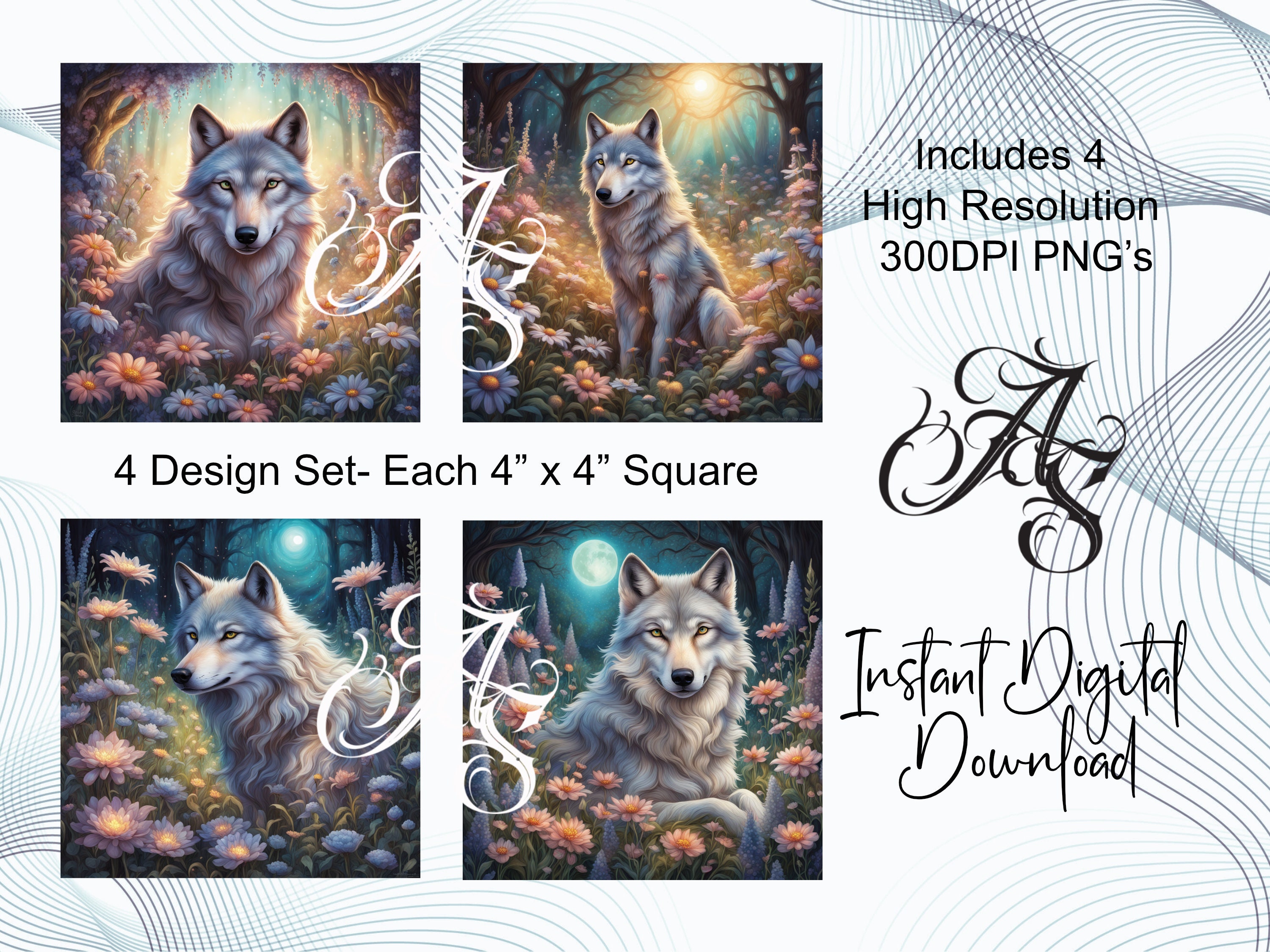 Mystic Wolves Sublimation Coaster Design Set, Wolf PNG, 4x4 Coaster ...