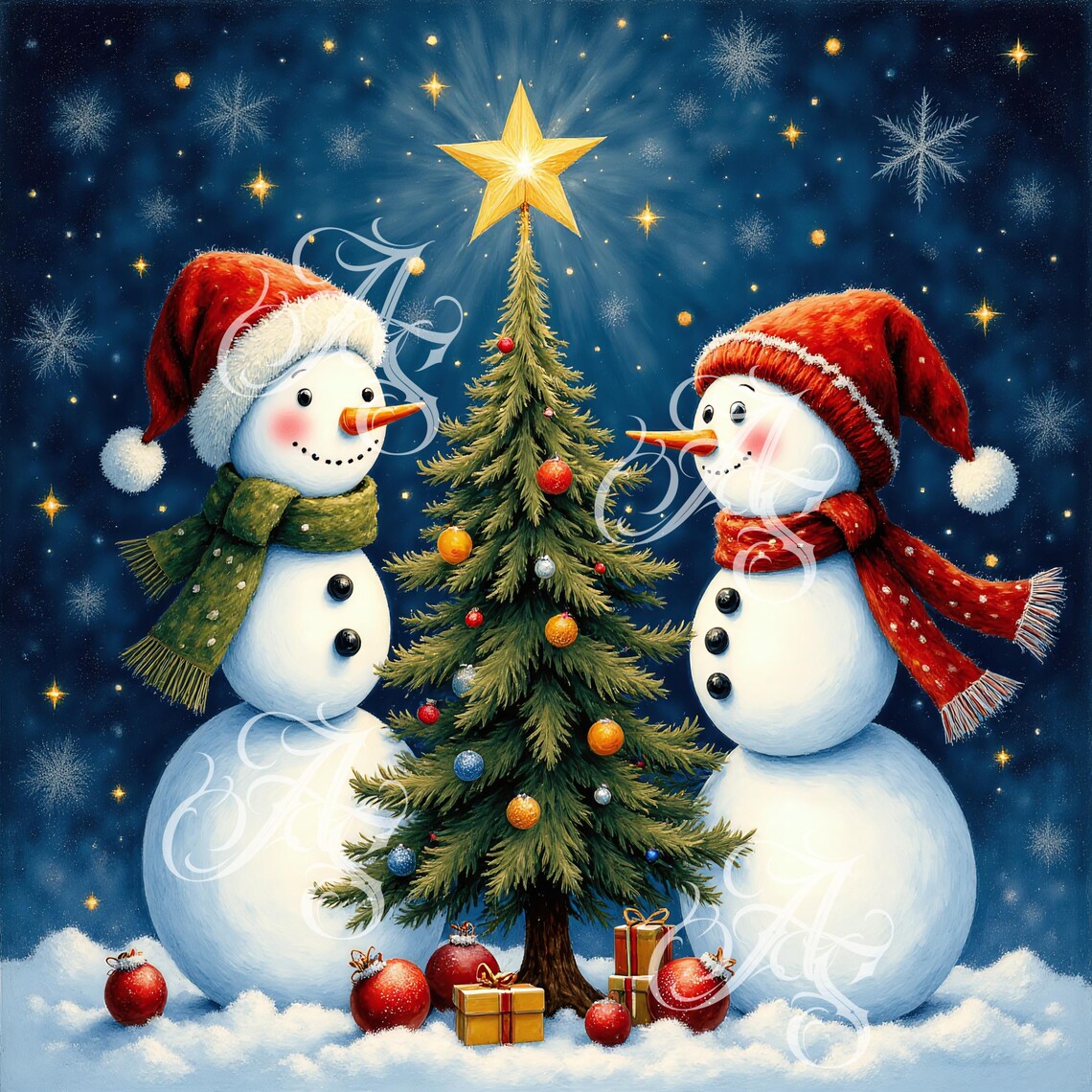 Snowman & Snow Woman Christmas Tree Trivet PNG Design (digital Download ...