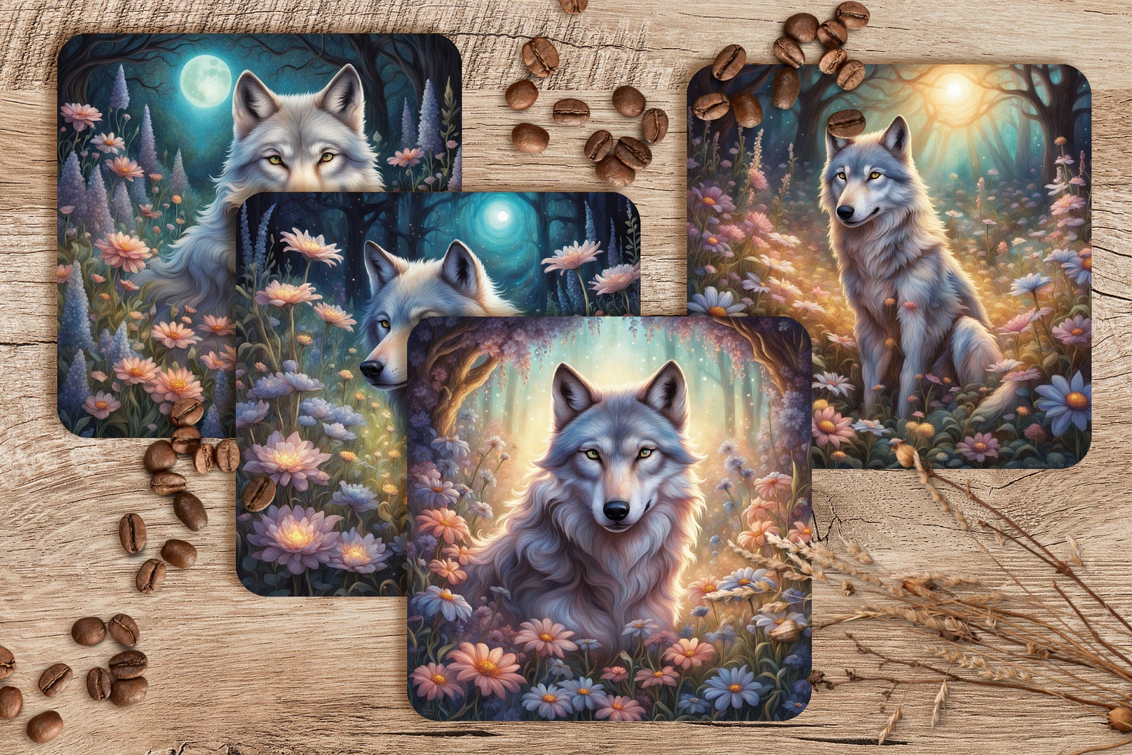 Mystic Wolves Sublimation Coaster Design Set, Sublimation Coaster PNG ...