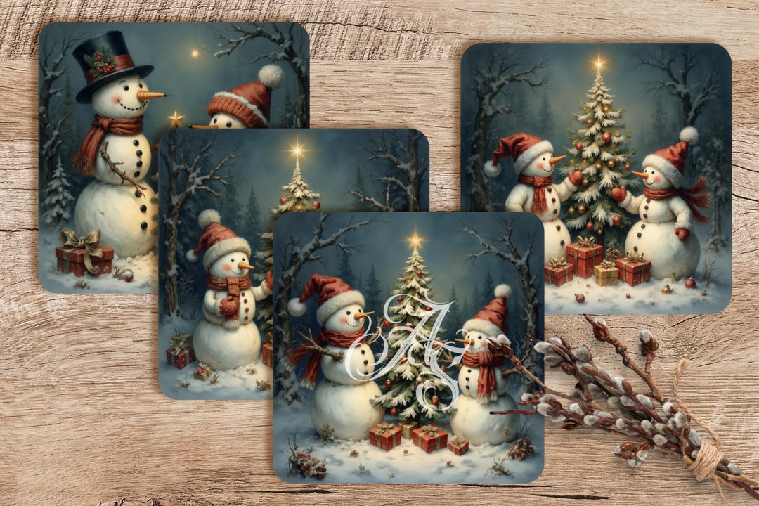 Coaster PNG Whimsical Snowman Couple by Christmas Tree, Winter Holiday ...