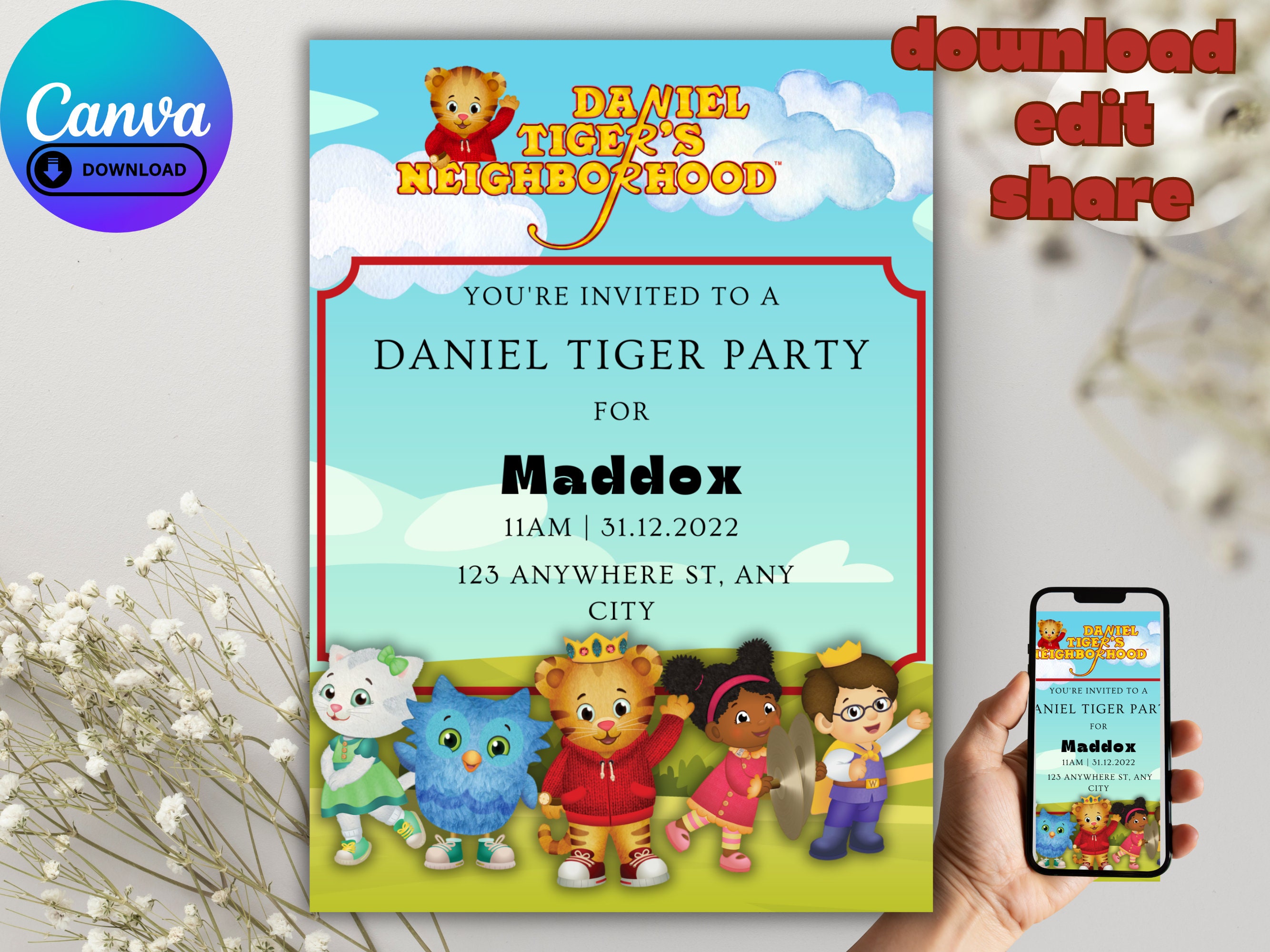 Daniel Tiger Digital Birthday Invitation, Instant Download, Editable ...