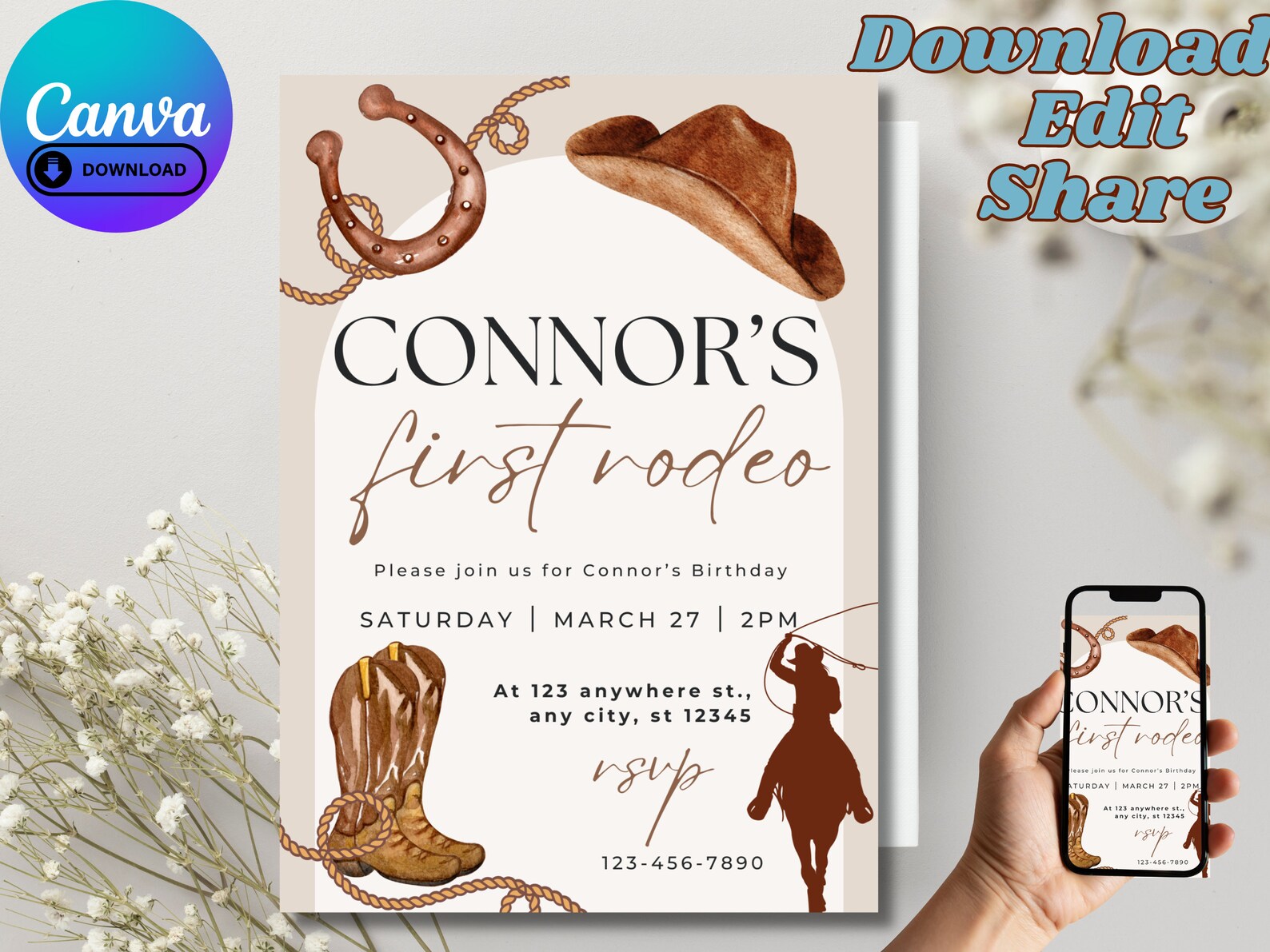 First Rodeo Invitation, First Birthday Invitation, Instant Download ...