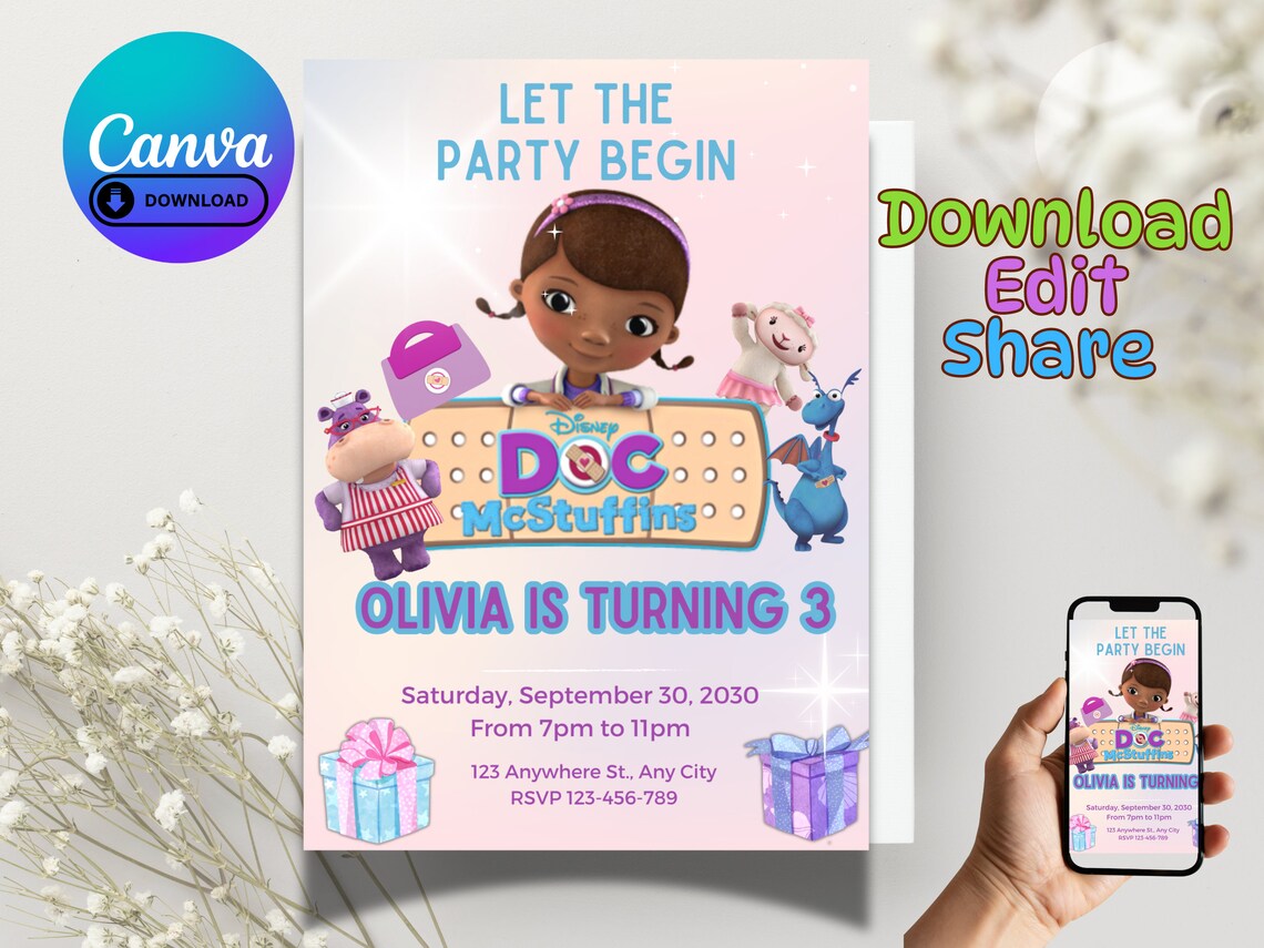 Doc Mcstuffins Birthday Invitation, Digital Download, Instant Download Editable Invitation, Doc ...