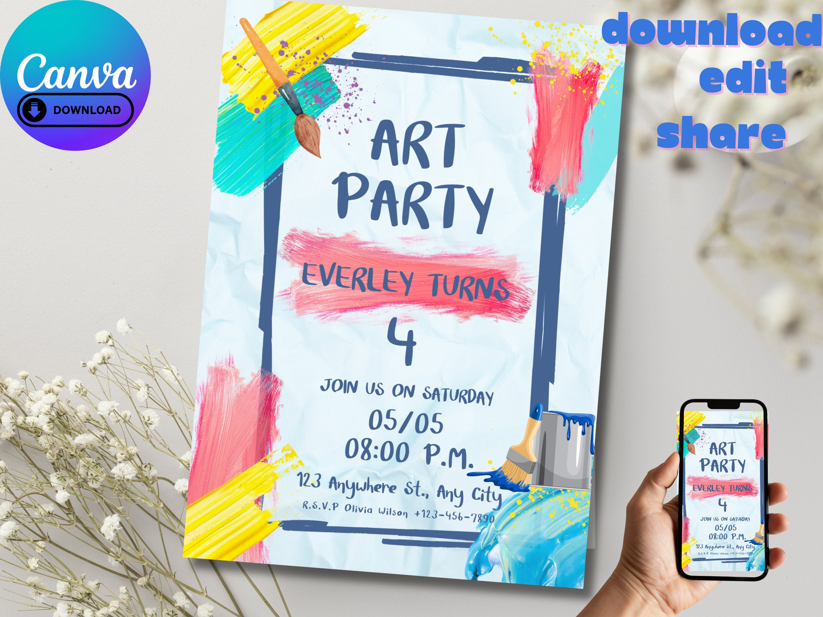 Paint Party Invitation, Digital Download, Editable Birthday Template ...