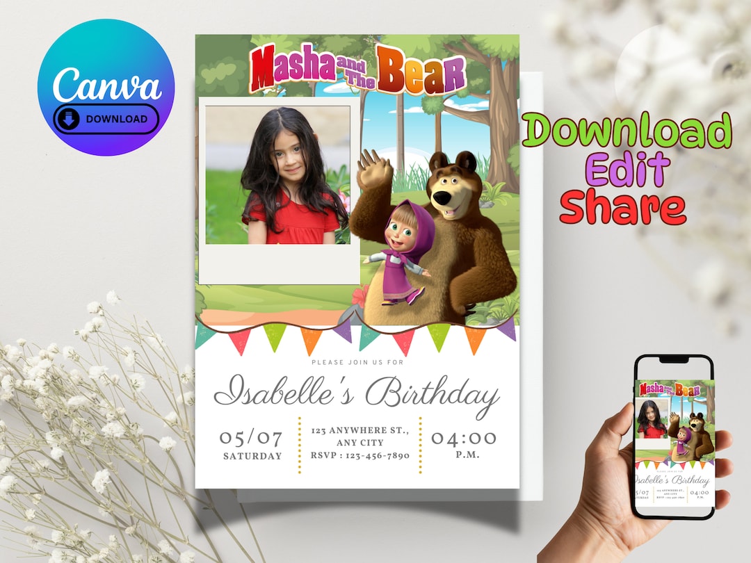 Masha and the Bear Digital Birthday Invitation, Instant Download ...