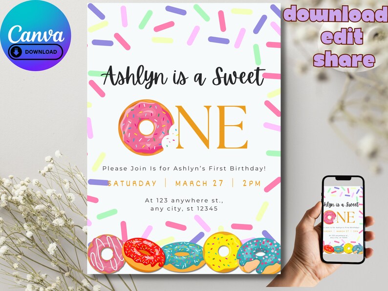 Sweet One First Birthday Invitation, Instant Download, Editable ...