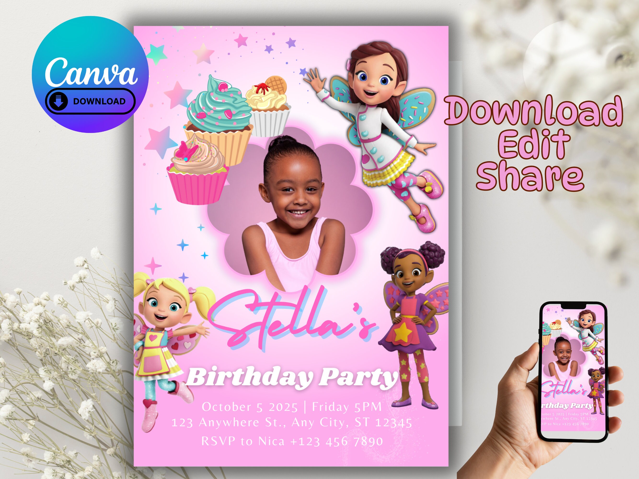 Butterbean Cafe Birthday Invitation, Editable Cupcake Party (digital ...