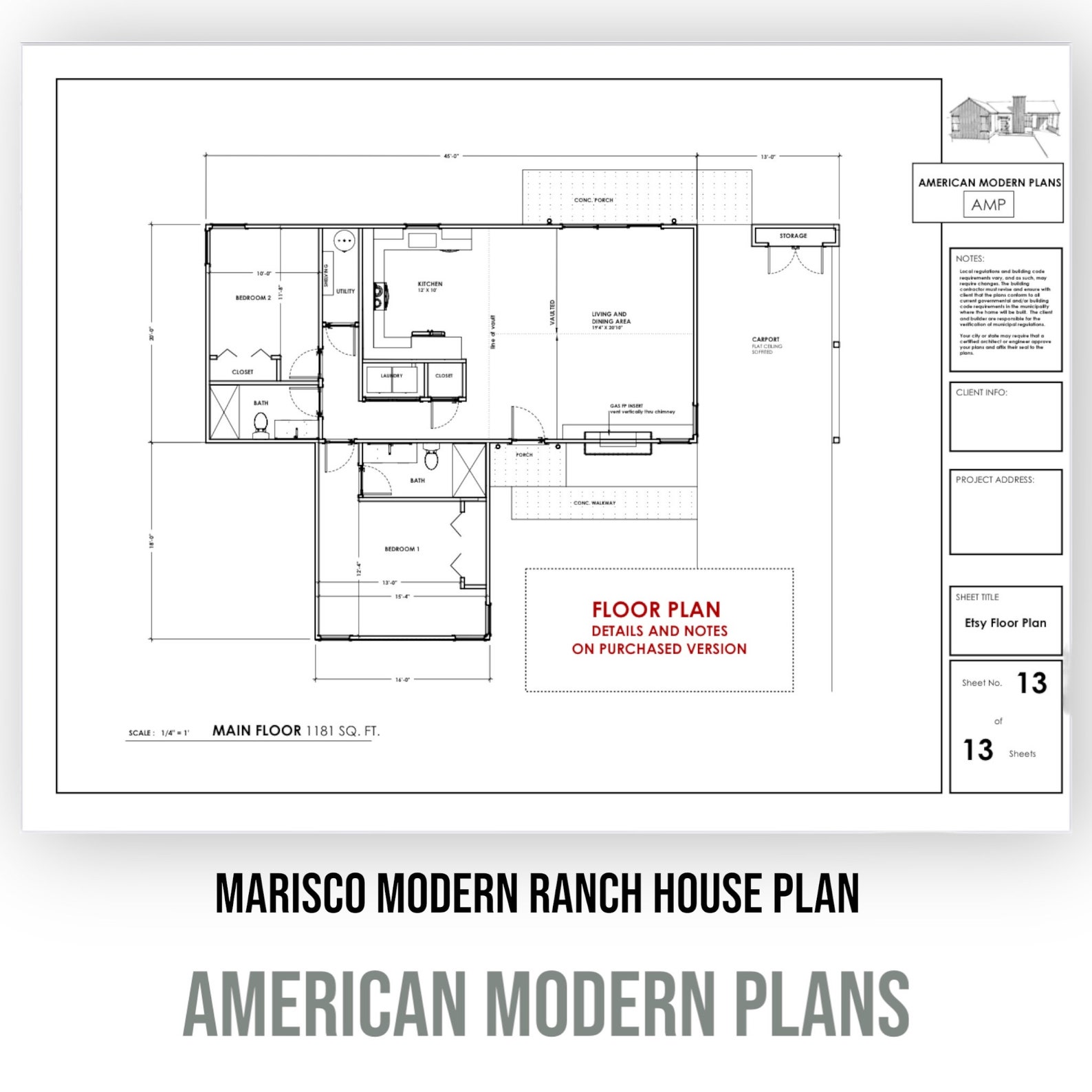 Contemporary Modern Ranch House Plan Full Set | Modern House Plan ...