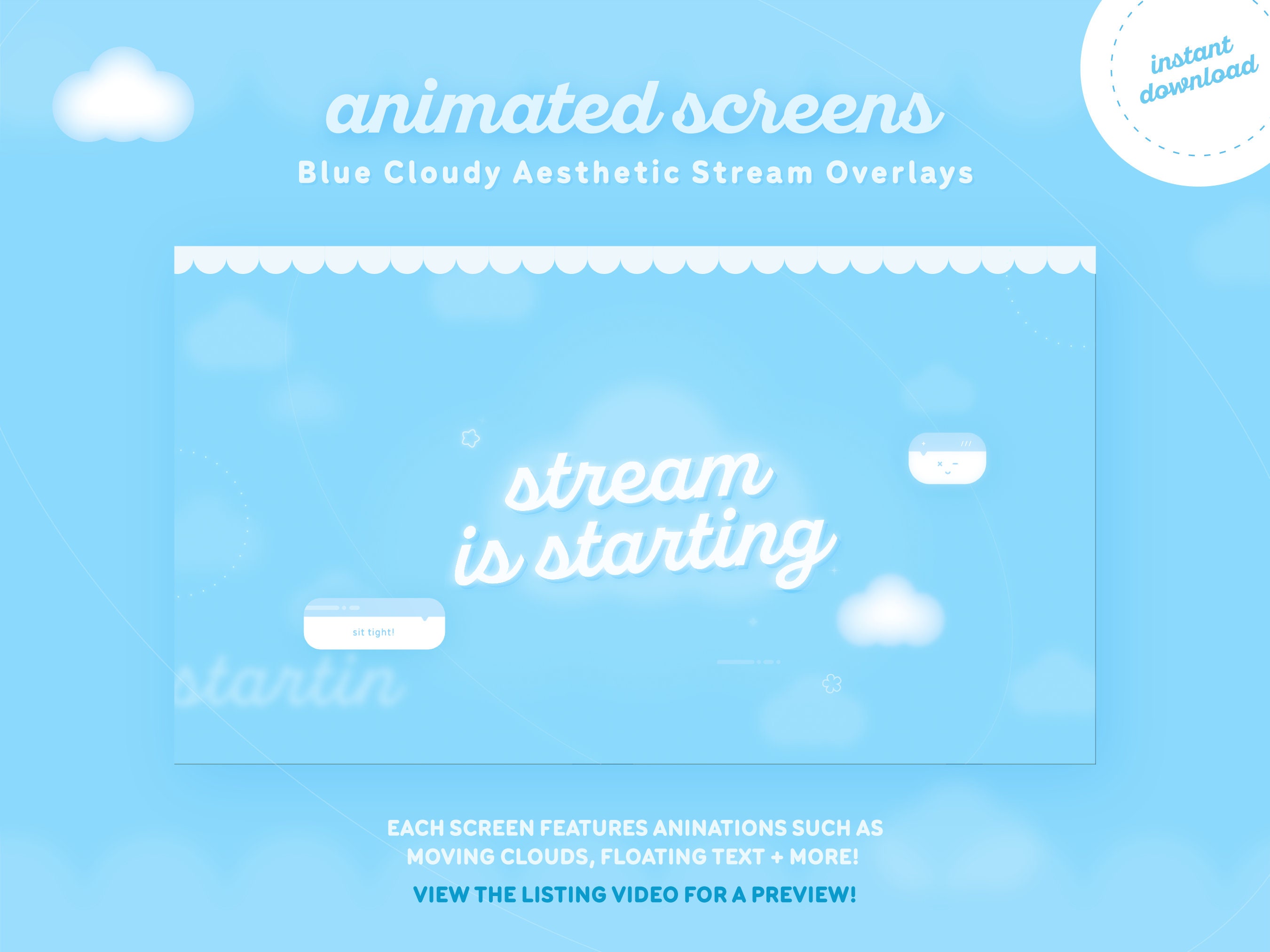 Animated Blue Cloudy Aesthetic Cute Stream Overlays | Starting Soon, Be ...