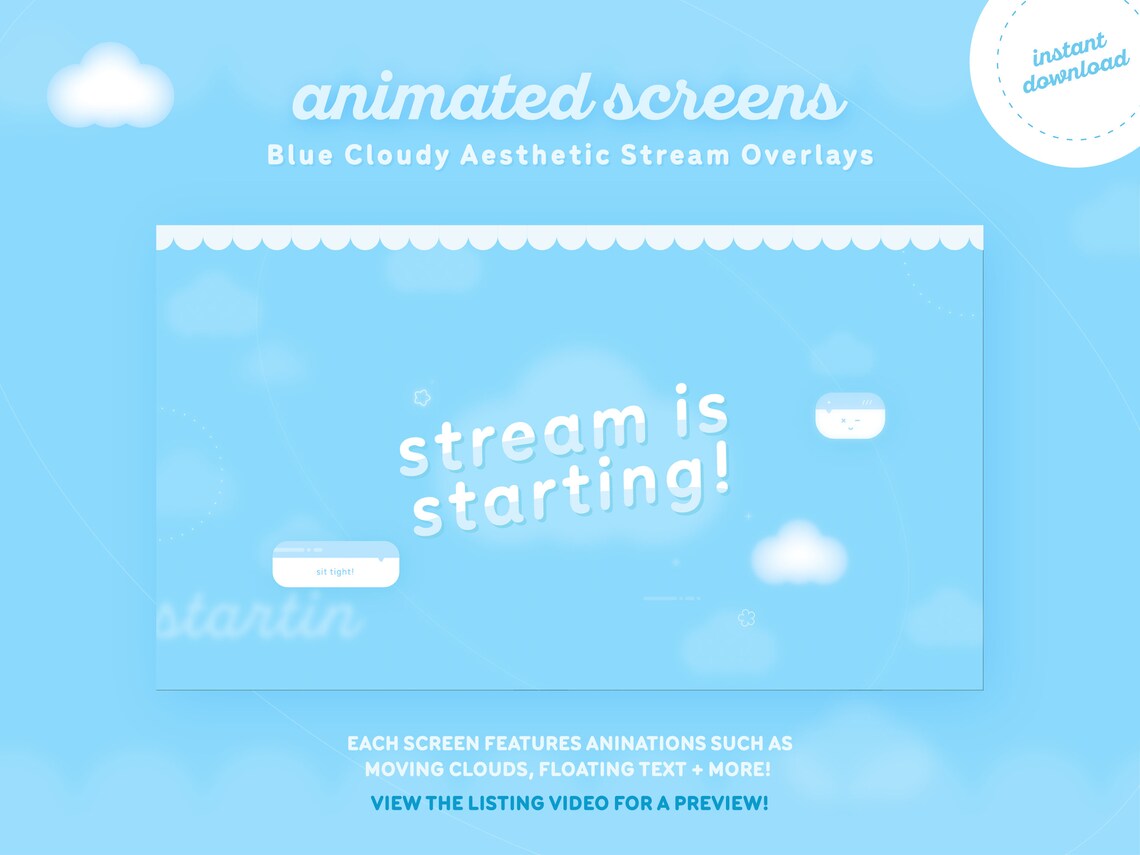 Animated Blue Cloudy Aesthetic Cute Stream Overlays | Starting Soon, Be ...