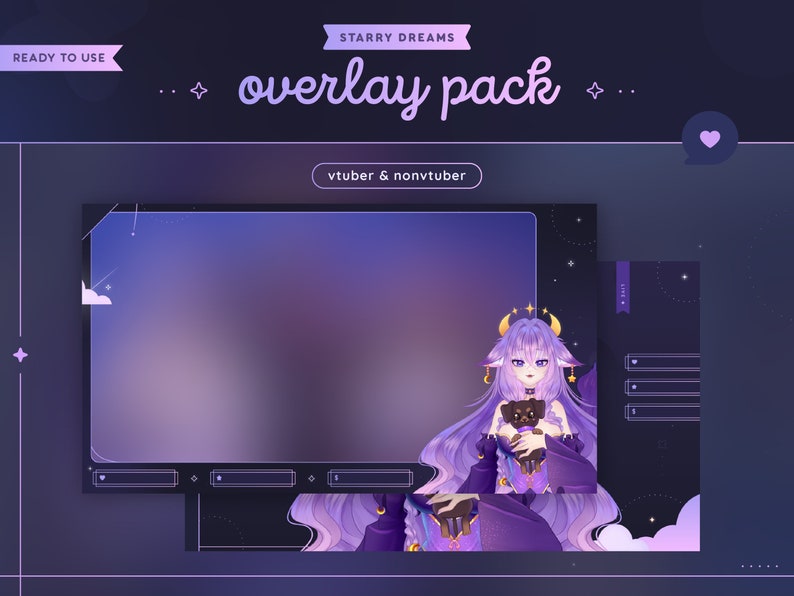 Starry Dreams Overlay Pack (vtuber and Non Vtuber Versions) | Celestial Star Guardian Purple ...