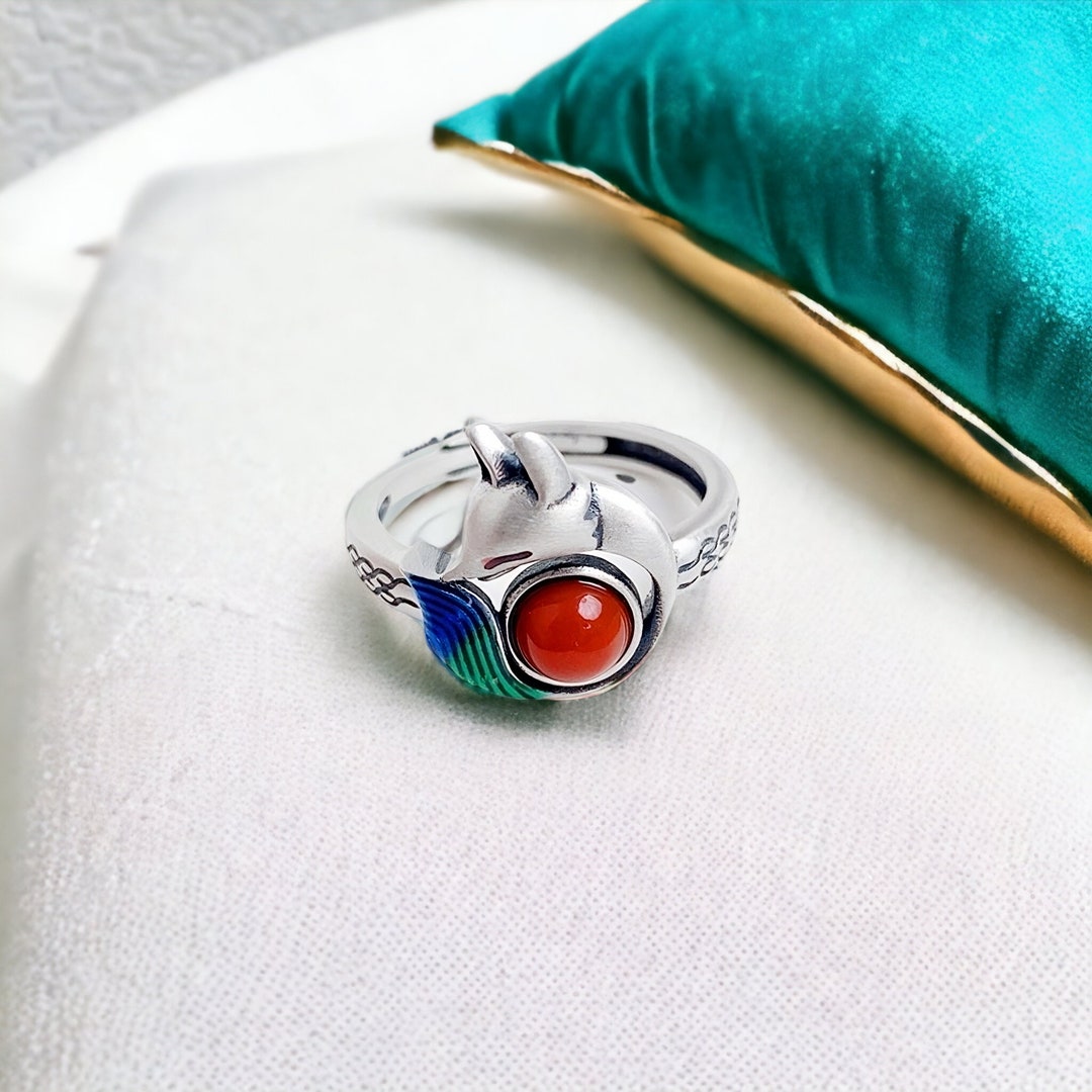 Adjustable Resizable Silver Red Agate Fox Ring, Silver Plated Red Agate ...