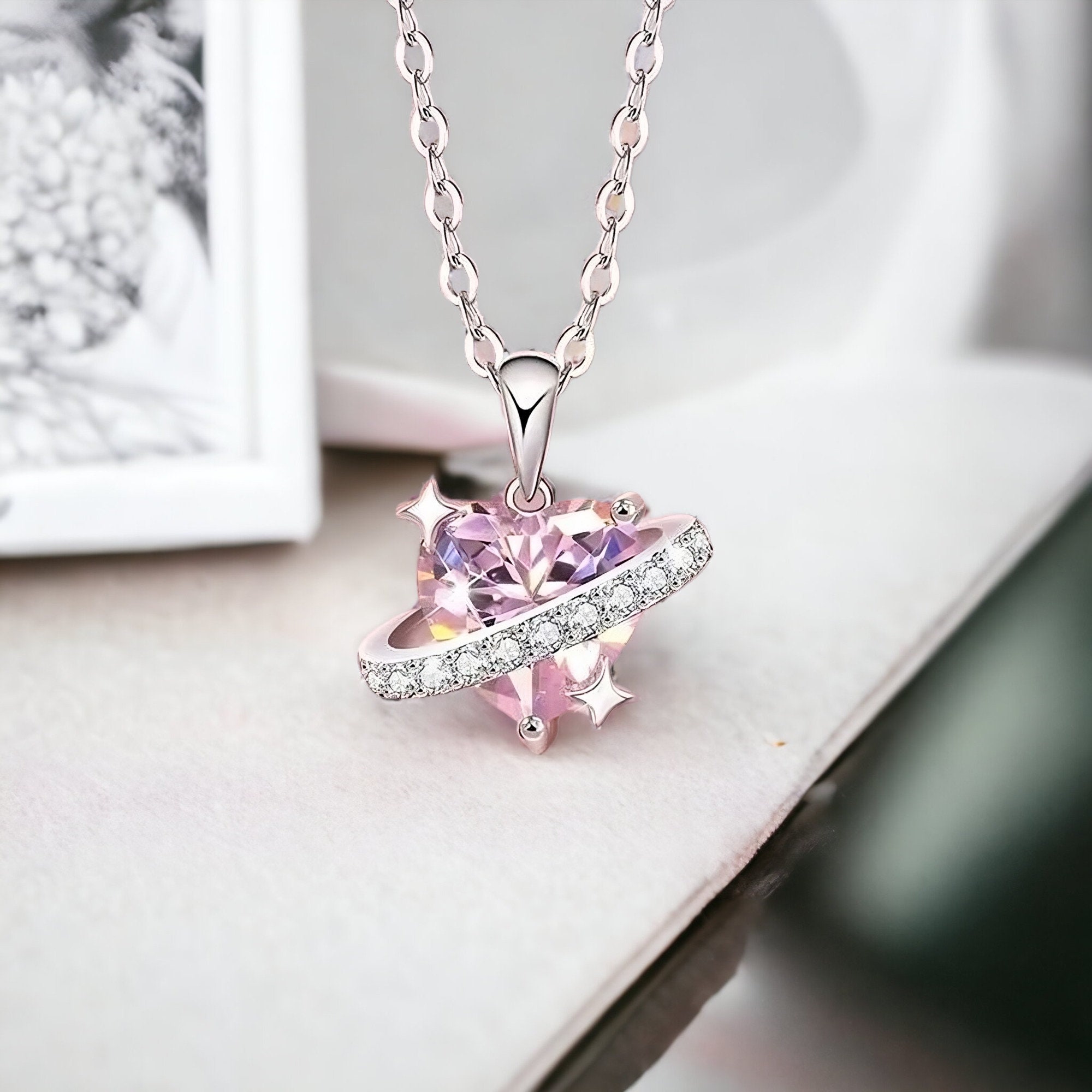 Sterling Silver Pink Heart Planet Pendant Necklace for Women - Etsy