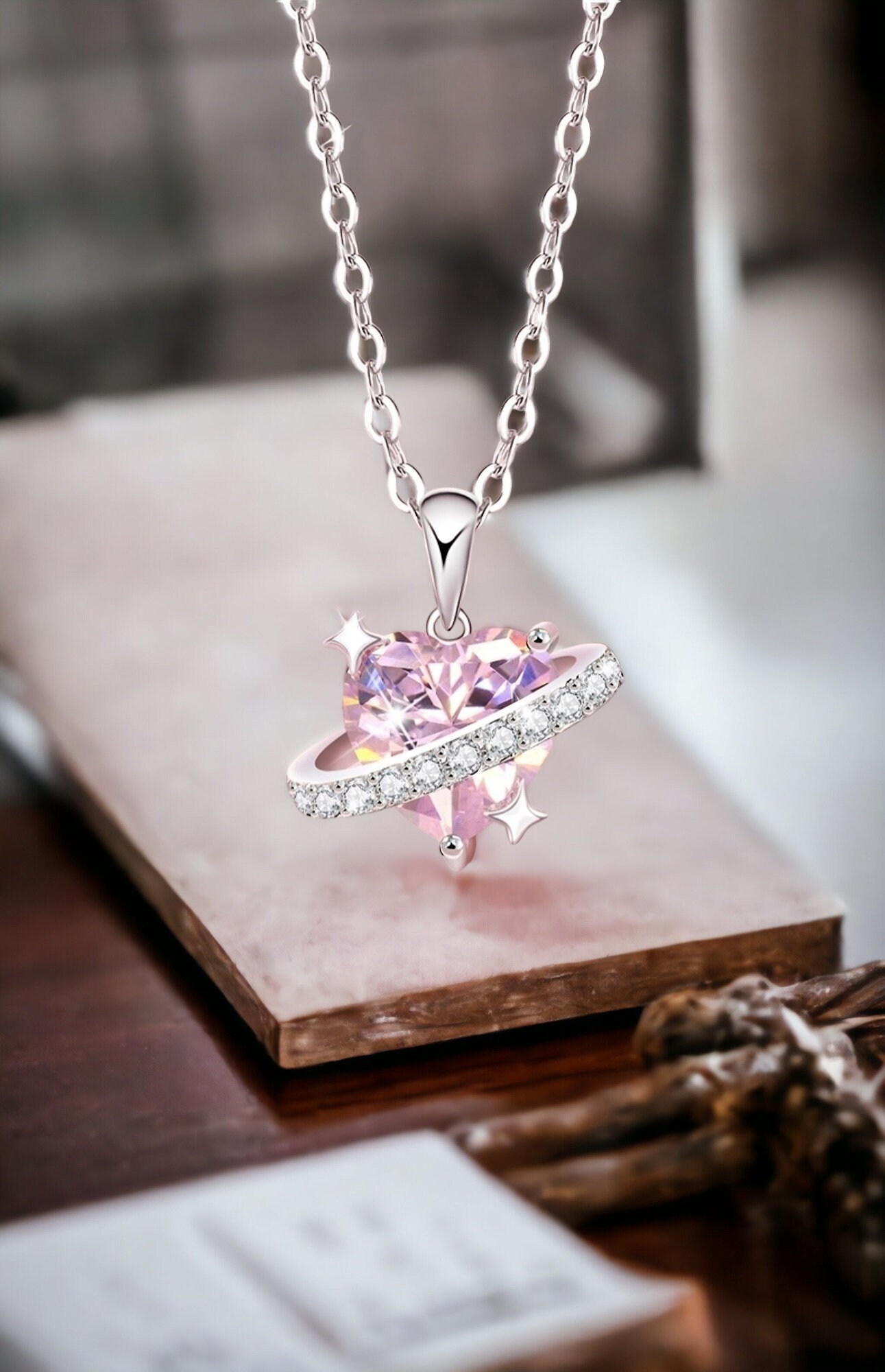 Sterling Silver Pink Heart Planet Pendant Necklace for Women - Etsy