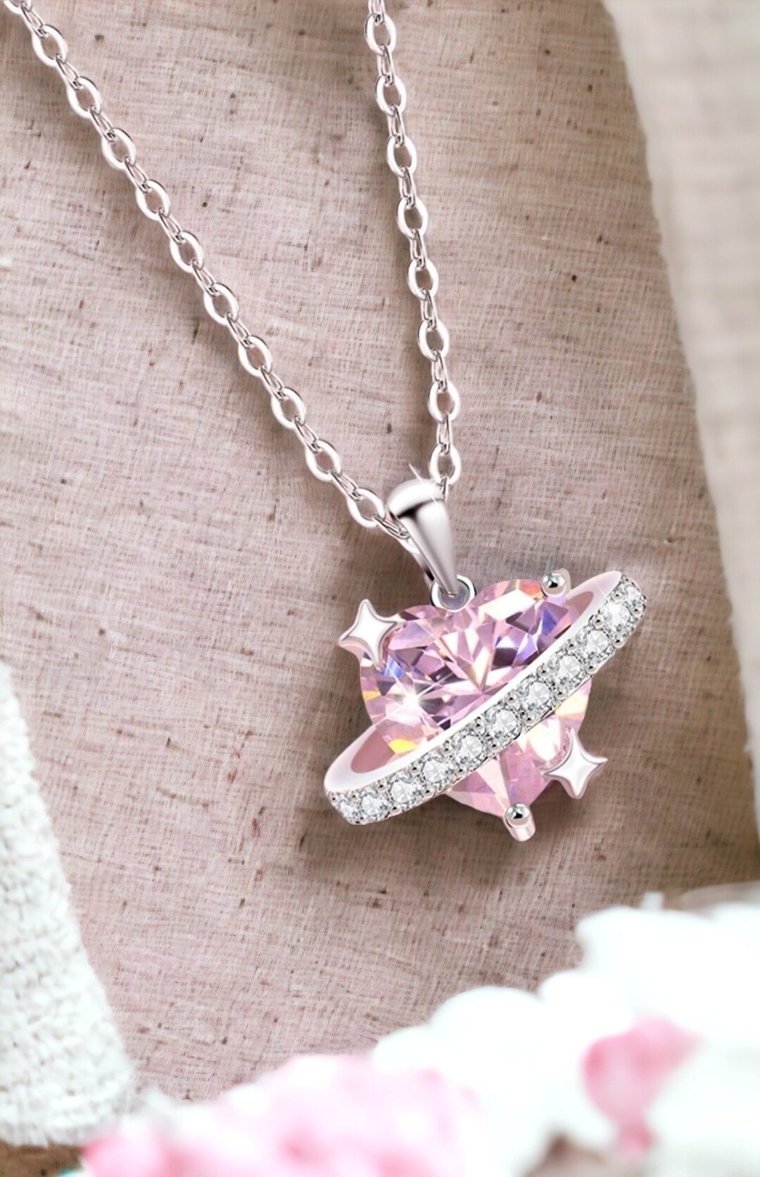 Sterling Silver Pink Heart Planet Pendant Necklace for Women - Etsy