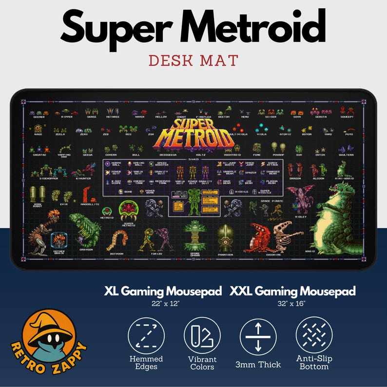 Super Metroid Bestiary Desk Mat – XL / XXL Gaming Mouse Pad, Extended ...