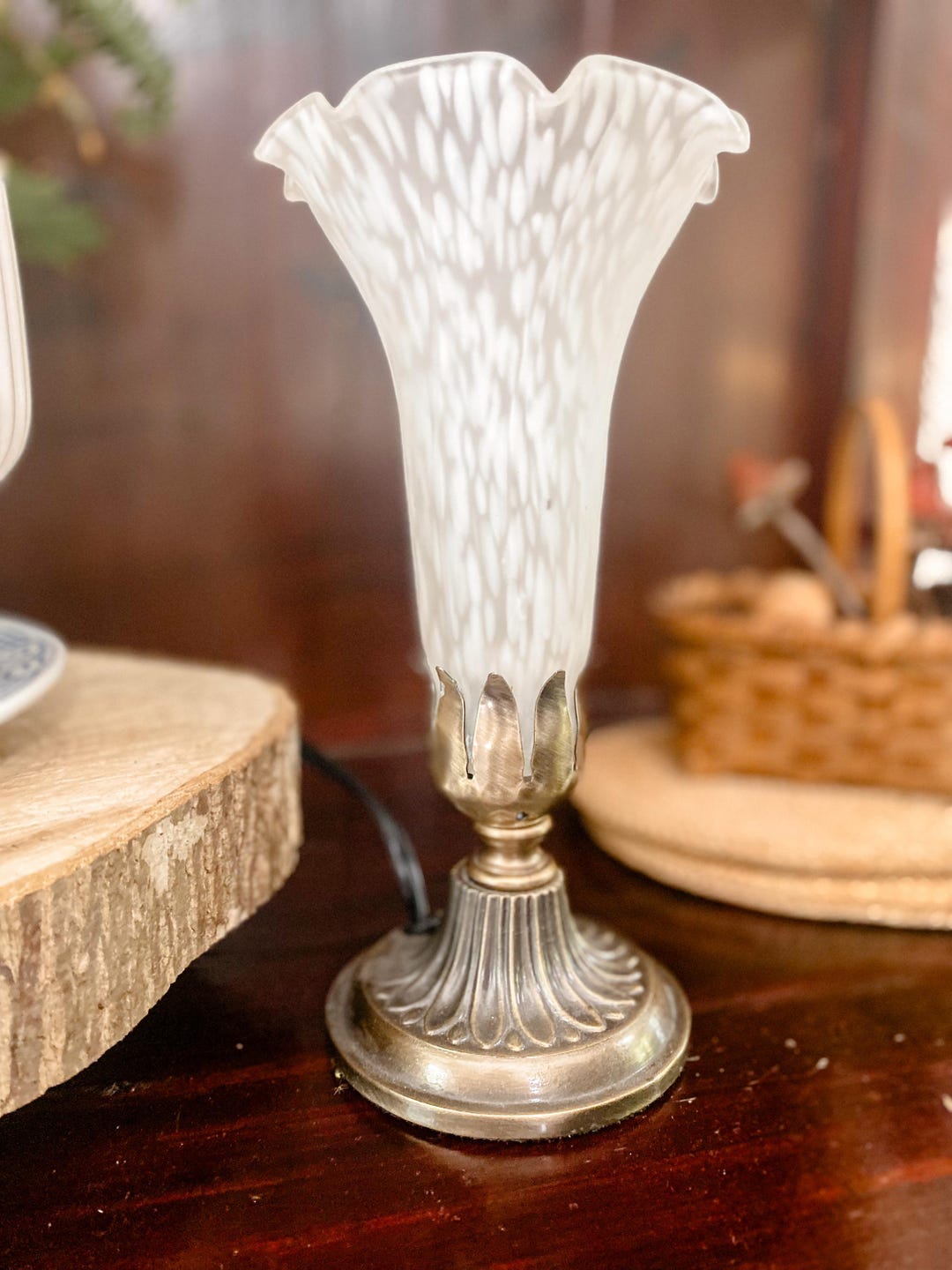 VINTAGE Cast Metal Tulip Lamp With White Frosted Blown Glass Shade With ...