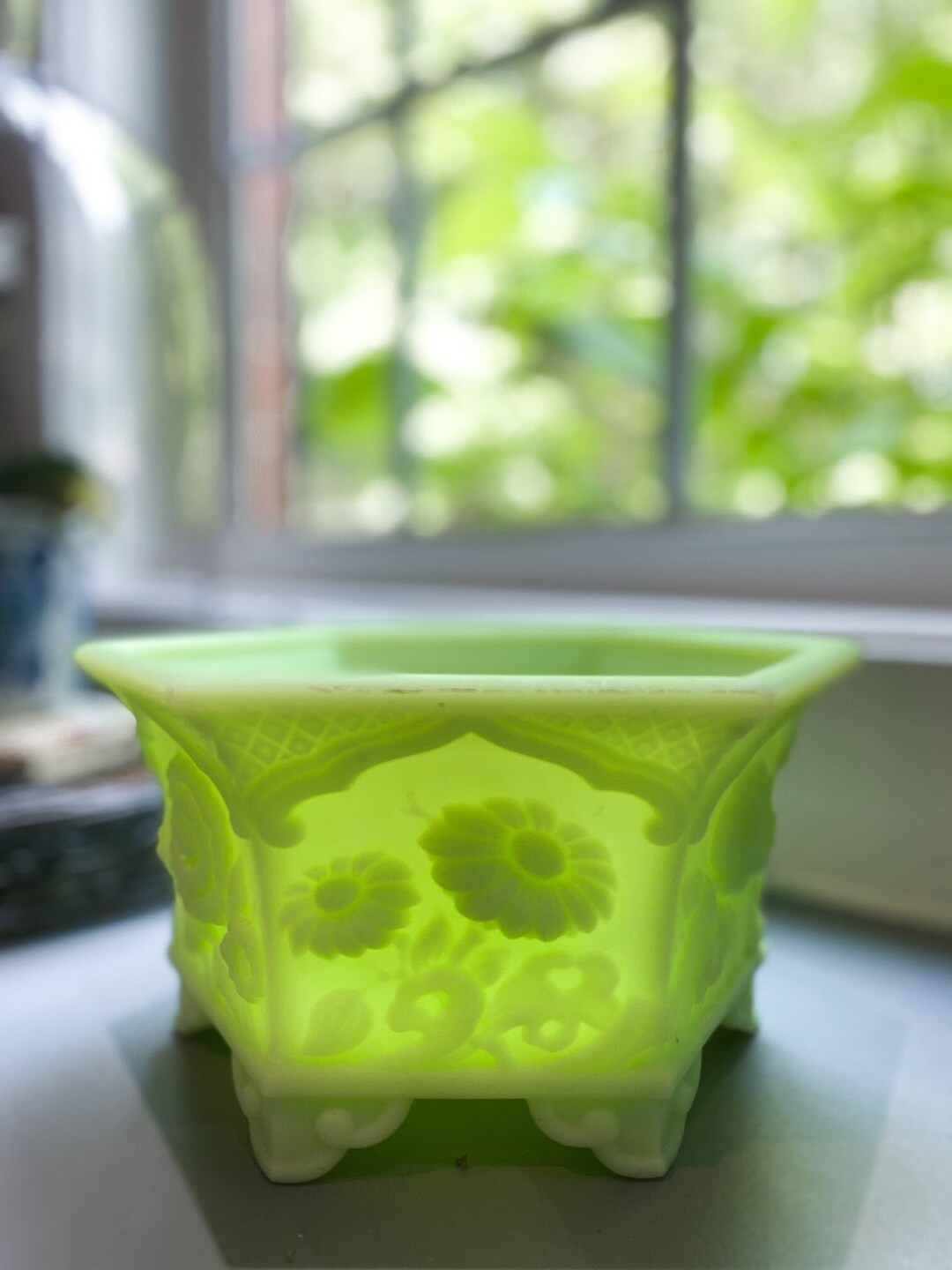 VINTAGE Fenton Sherbet Green Planter Satin Glass Floral Birthday Gift ...