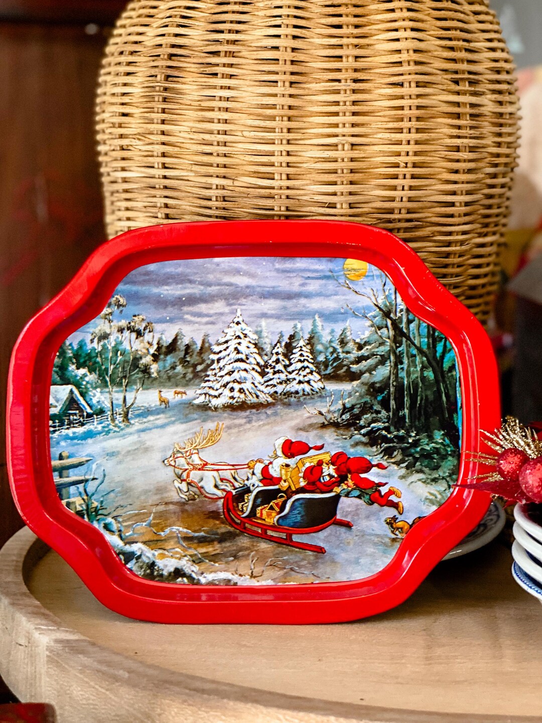 VINTAGE MCM Christmas Tea Trays / Set of Two / Small Tin Tray / Santa ...