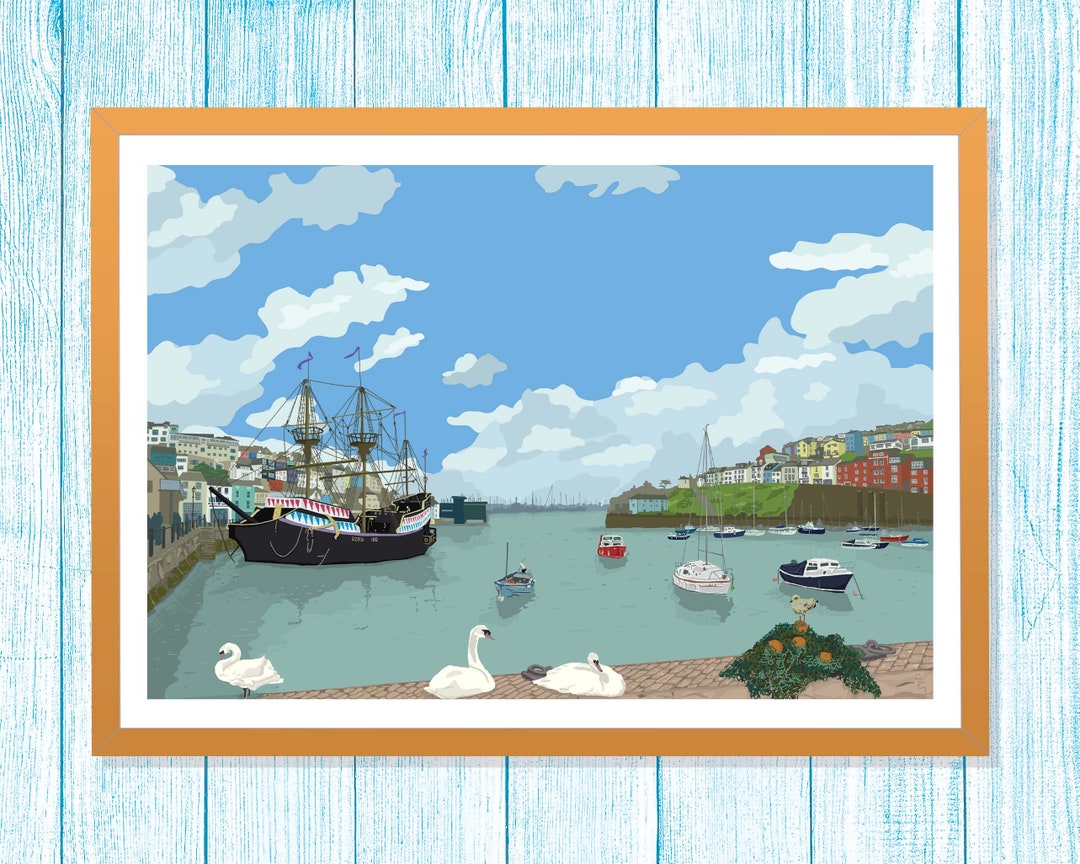 Sea & Brixham Harbour Boats Print, Art Gift Home or Office, Devon ...