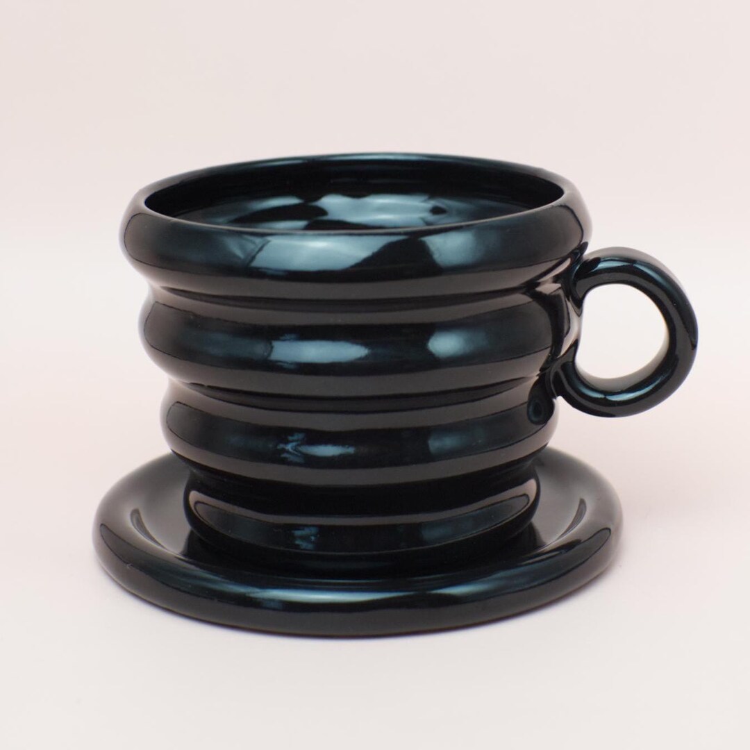 Wavy Black Coffee Cups & Coaster I Gloss Black Mug I Geometric Shaped ...