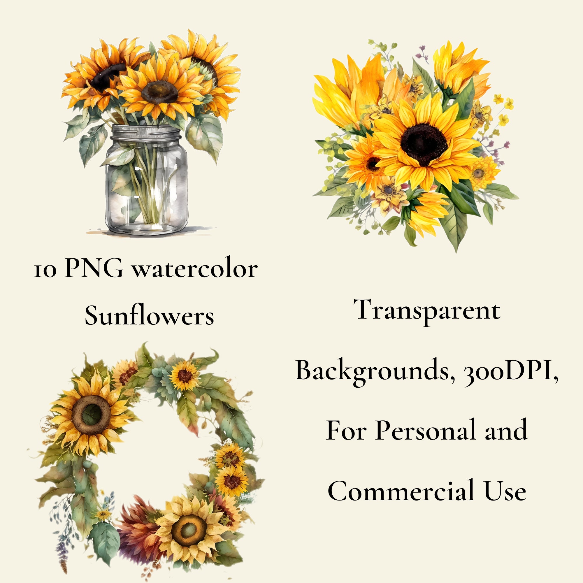 10 Watercolor Sunflowers Clipart, Floral Clipart, Sunflower Clipart ...