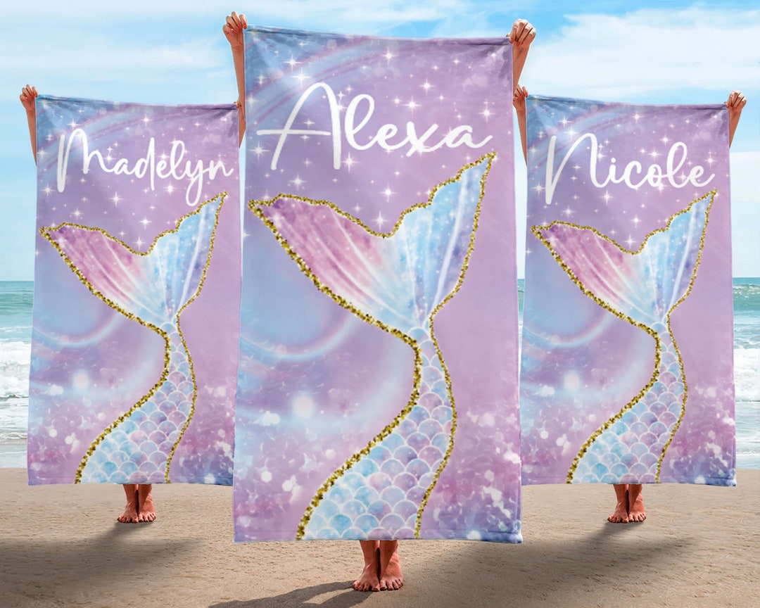 Personalized Mermaid Beach Towel, Cute Mermaid Name Pool Towel, Custom ...