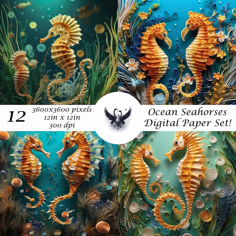 Quilled Ocean Seahorses Digital Paper Set - Etsy