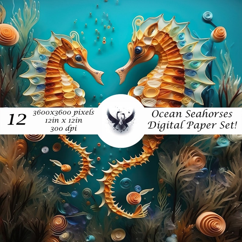 Quilled Ocean Seahorses Digital Paper Set - Etsy
