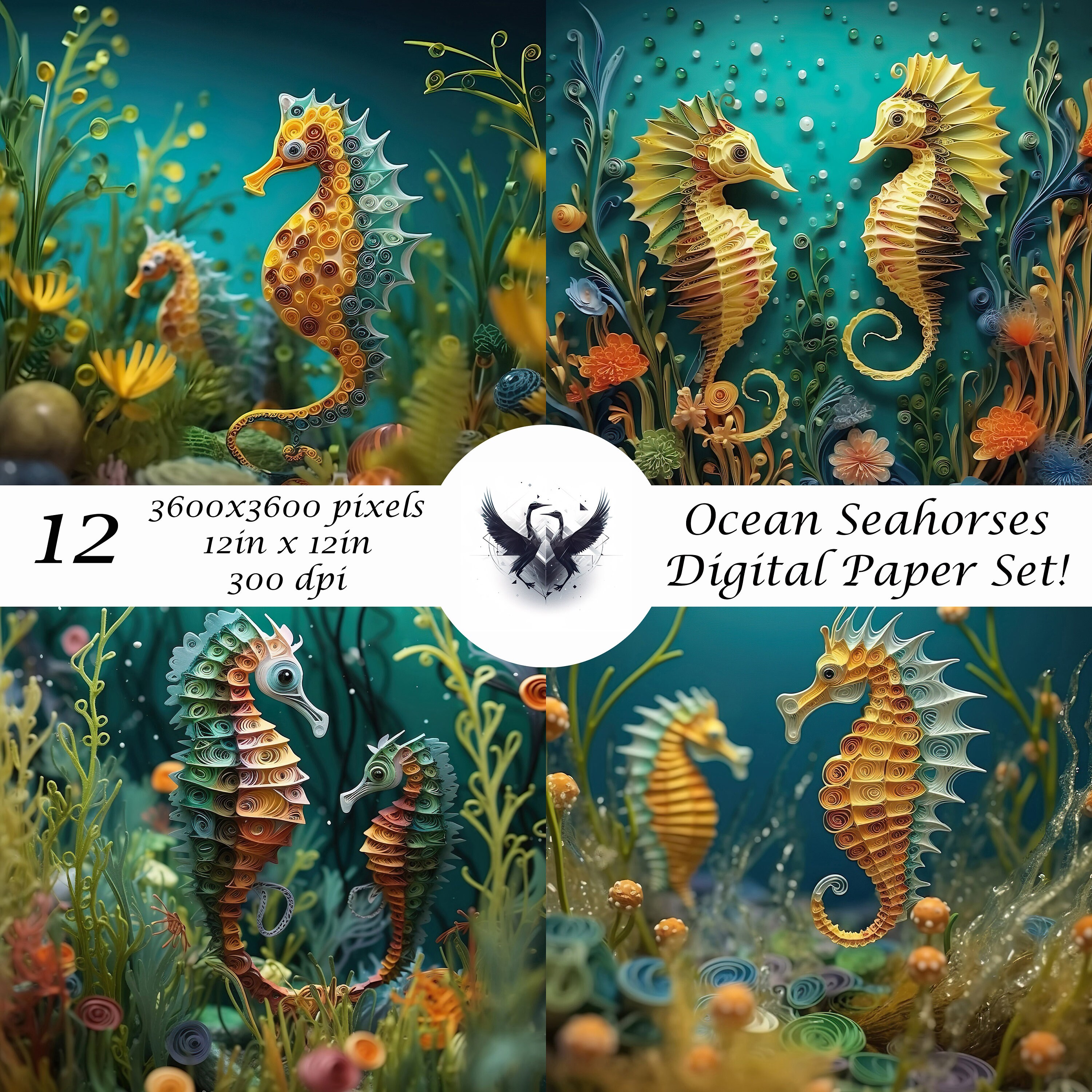 Quilled Ocean Seahorses Digital Paper Set - Etsy