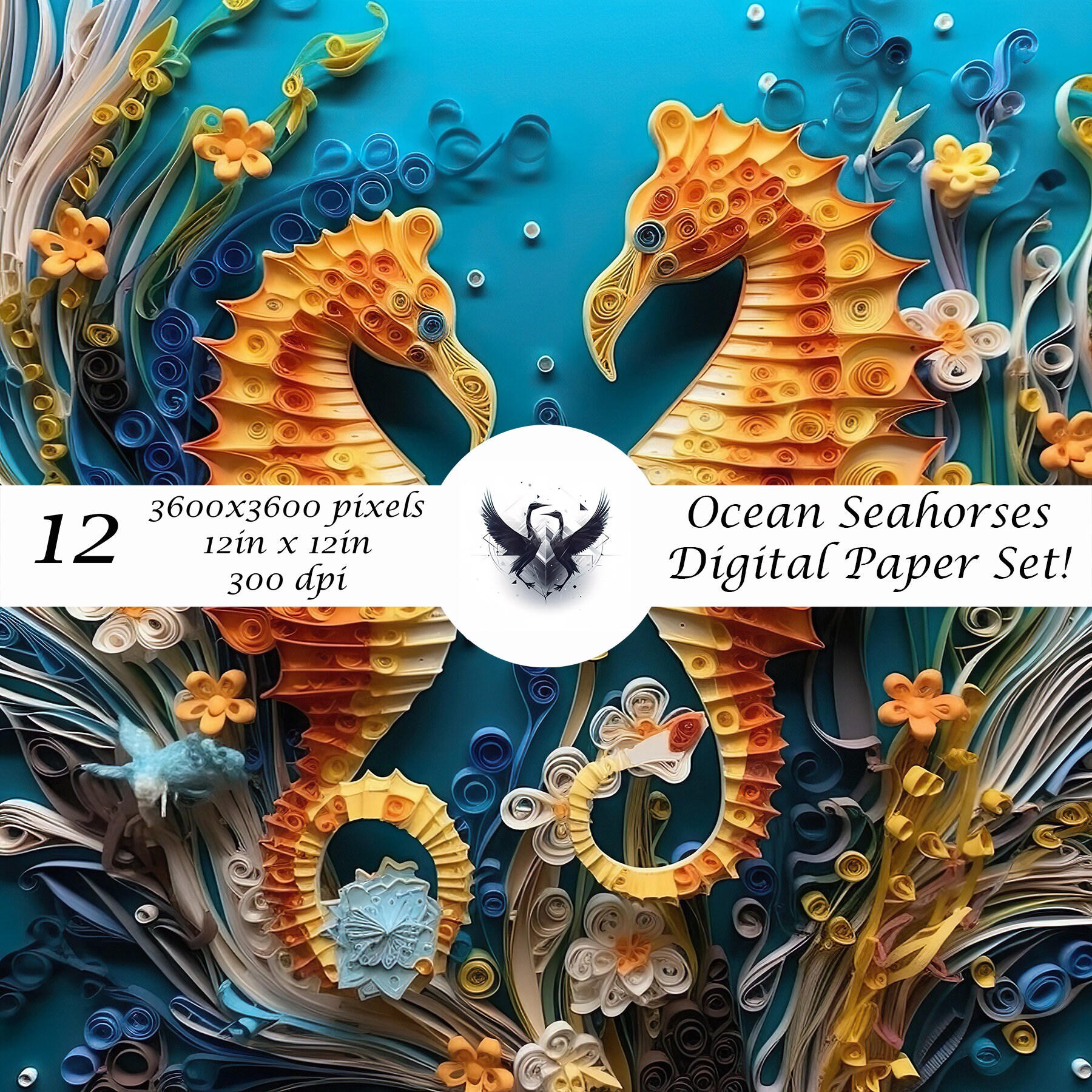 Quilled Ocean Seahorses Digital Paper Set - Etsy